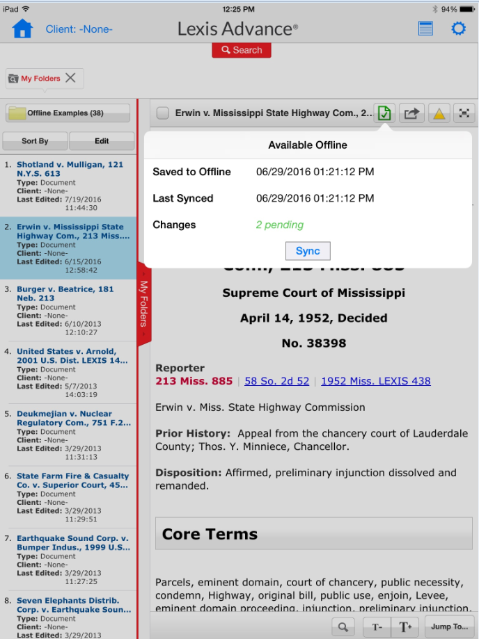 Changes Pending in Offline Mode in the Lexis Advance HD App