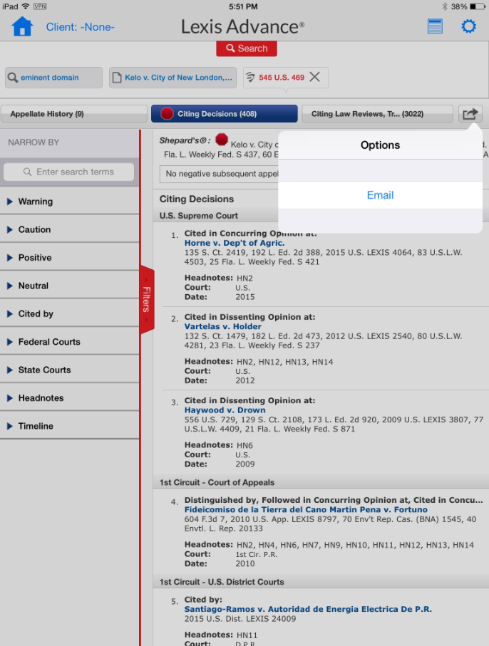 Emailing Shepard’s Reports from the Lexis App