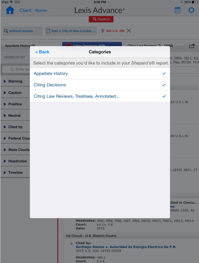 Emailing Shepard’s Reports from the Lexis App